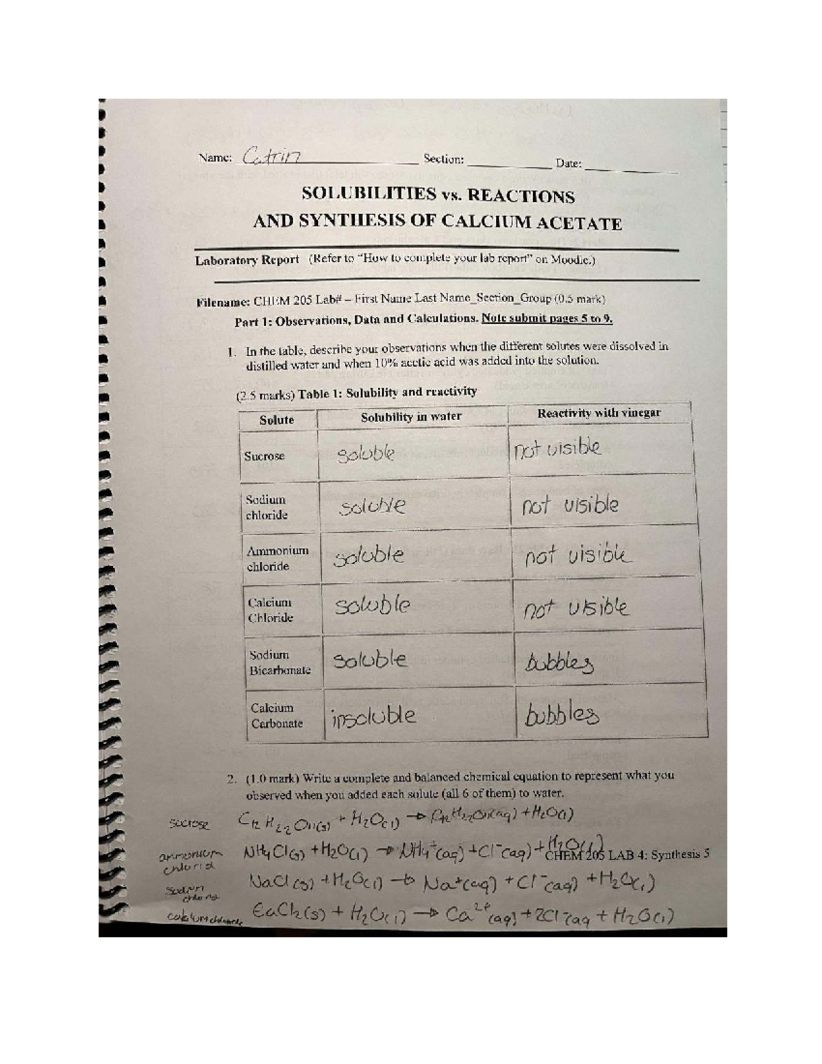 CHEM 205 Lab 4: Solubility and Synthesis of Calcium Acetate Report ...