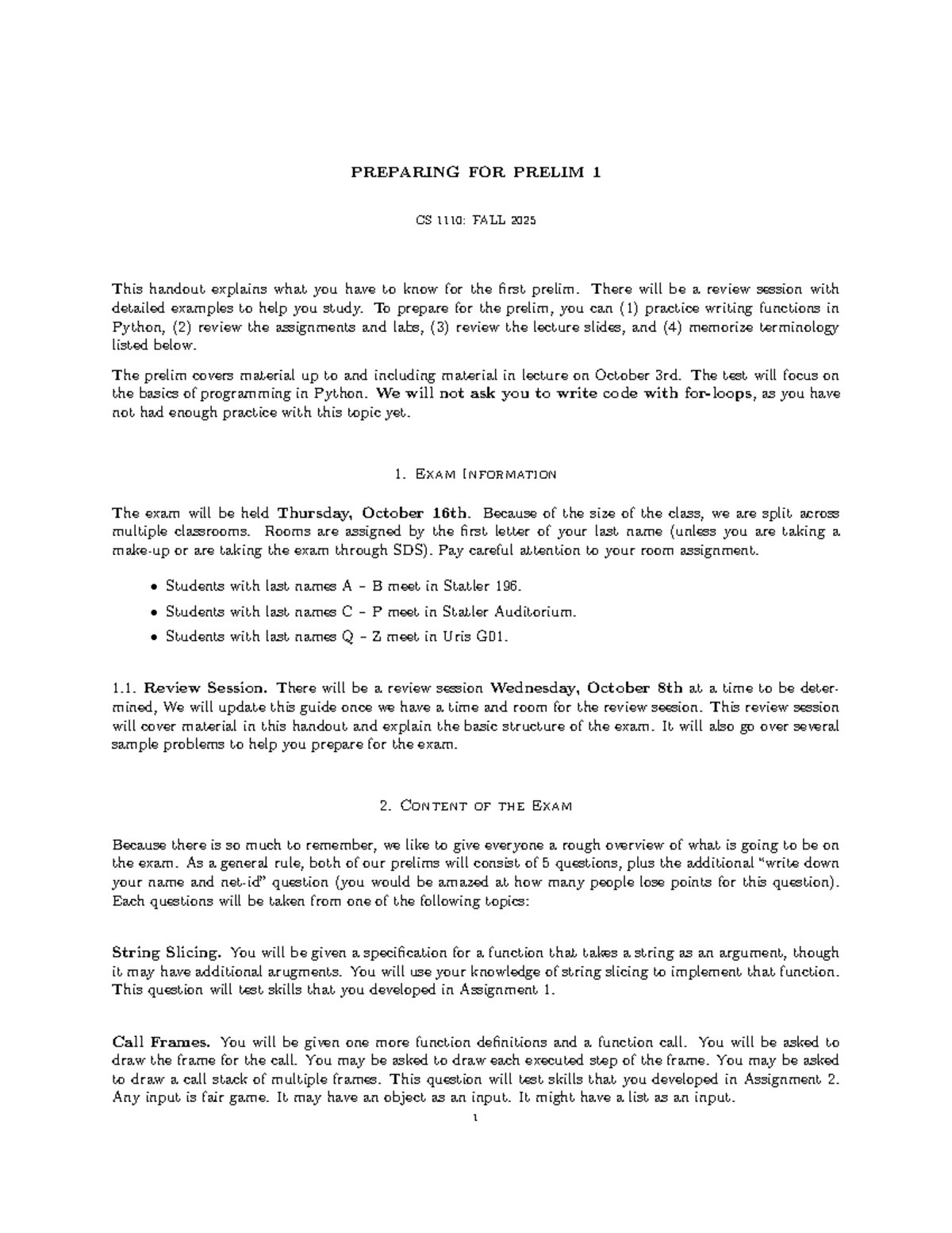 CS 1110: Prelim 1 Study Guide & Exam Overview for Fall 2025 - Studocu