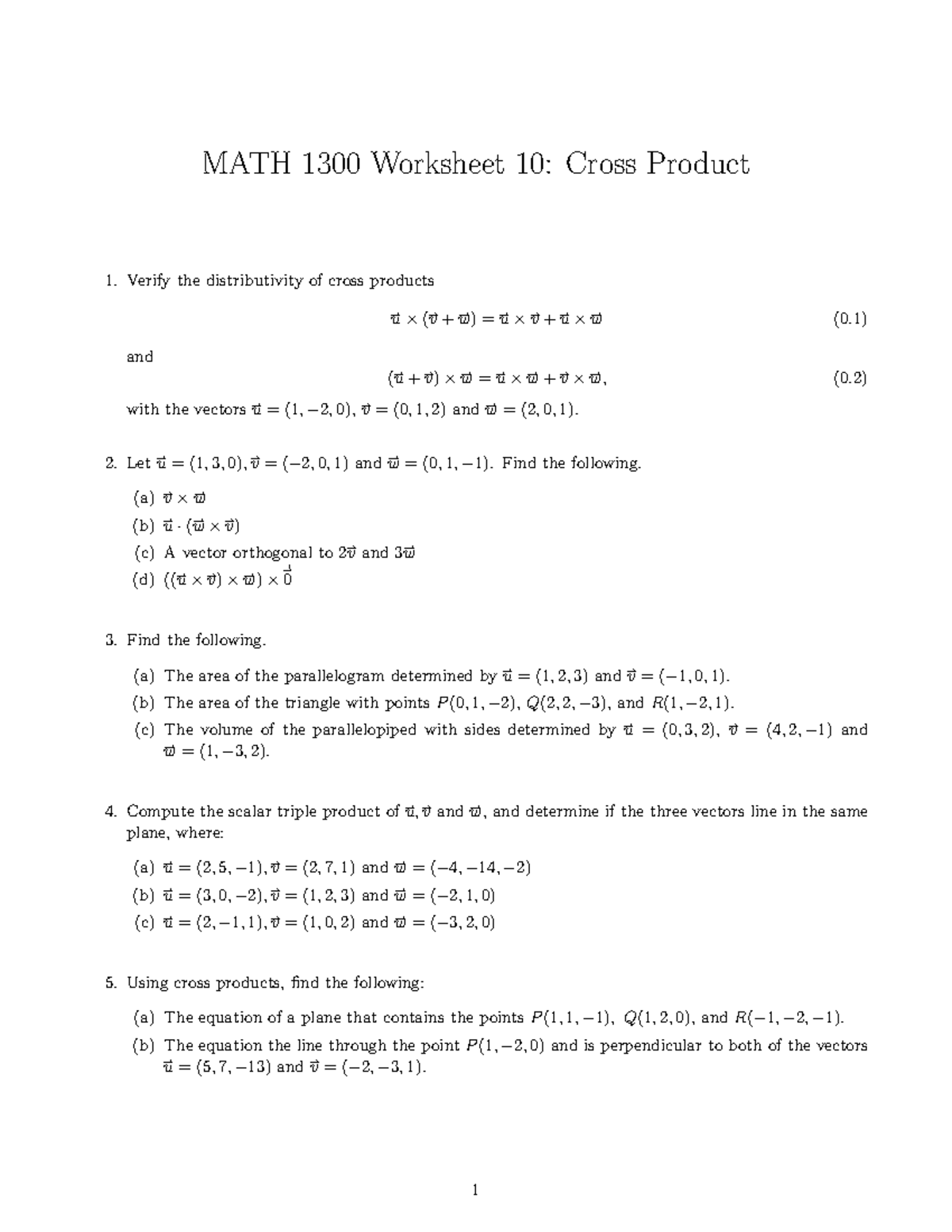 MATH 1300 Worksheet 10: Exploring Cross Products and Applications - Studocu