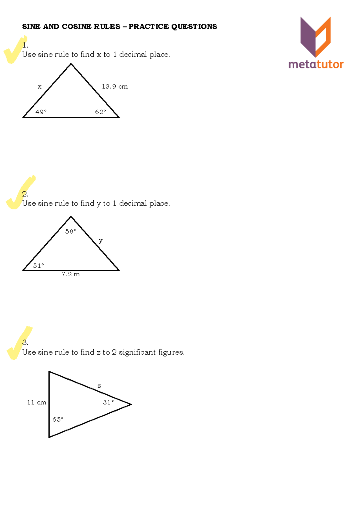 SINE AND COSINE RULES PRACTICE QUESTIONS AND SOLUTIONS - Studocu