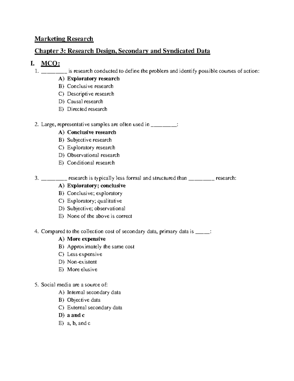 MR (Chapter 3) - Research Design & Test Bank Questions - Studocu