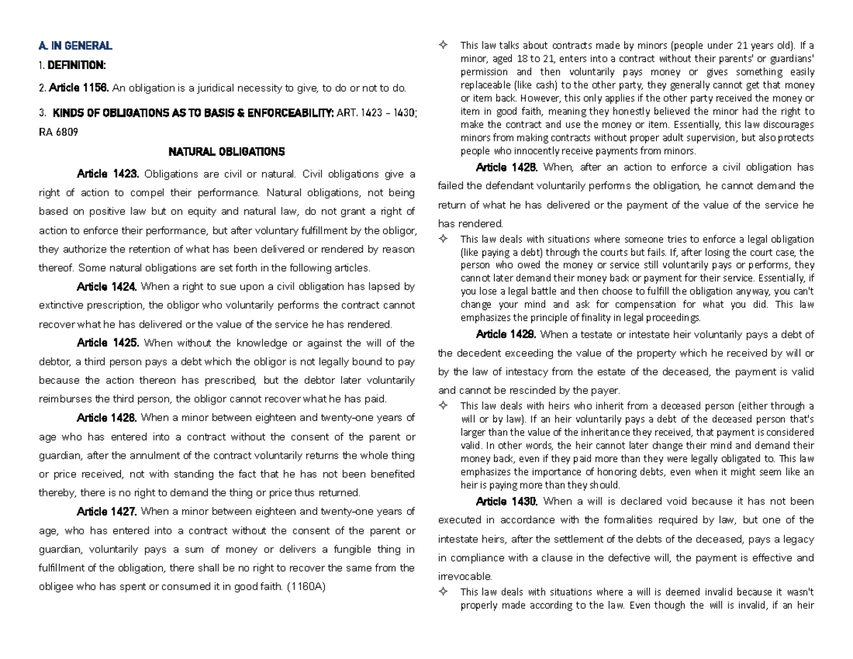 Law - Article 1156 - A. IN GENERAL 1. DEFINITION: Article 1156. An ...