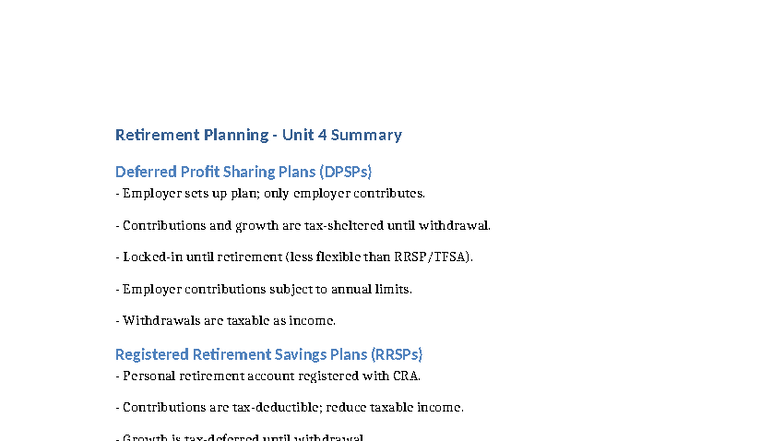 Retirement Planning Unit 4 Summary: DPSPs, RRSPs, and TFSAs - Studocu