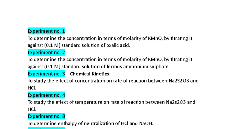 Chemistry Experiments: Molarity, Kinetics & Functional Groups - Studocu
