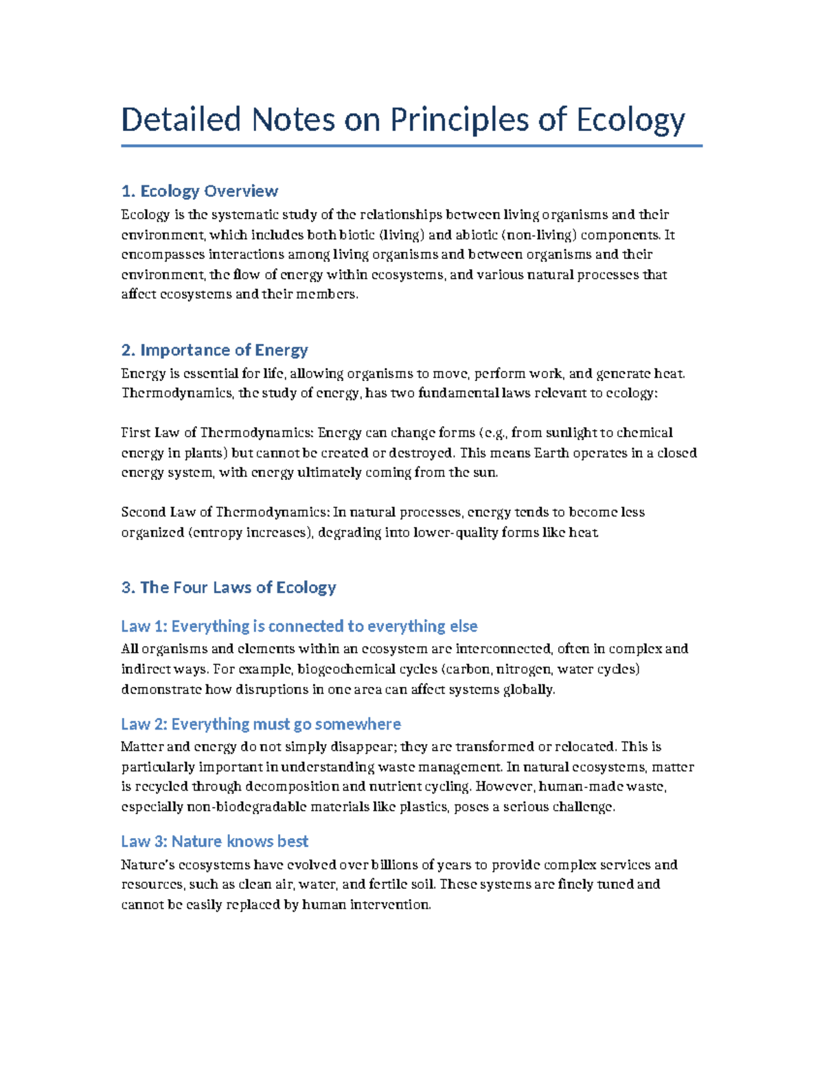 Principles of Ecology Notes: Key Concepts and Energy Laws - Studocu