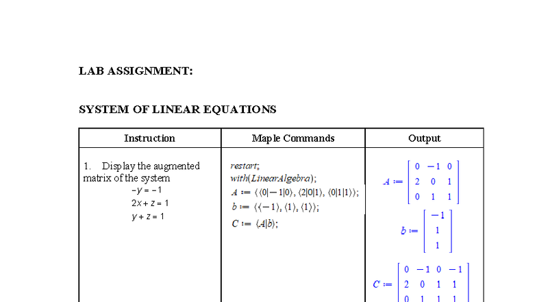 MAT263 Lab Assignment: Solving Linear Equations & Determinants - Studocu