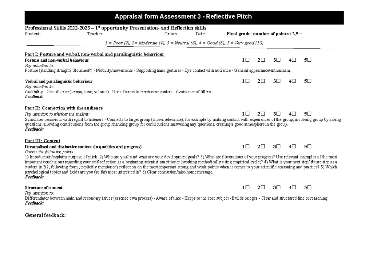 Assessment 3 Appraisal: Reflective Pitch Evaluation 2022-2023 - Studeersnel