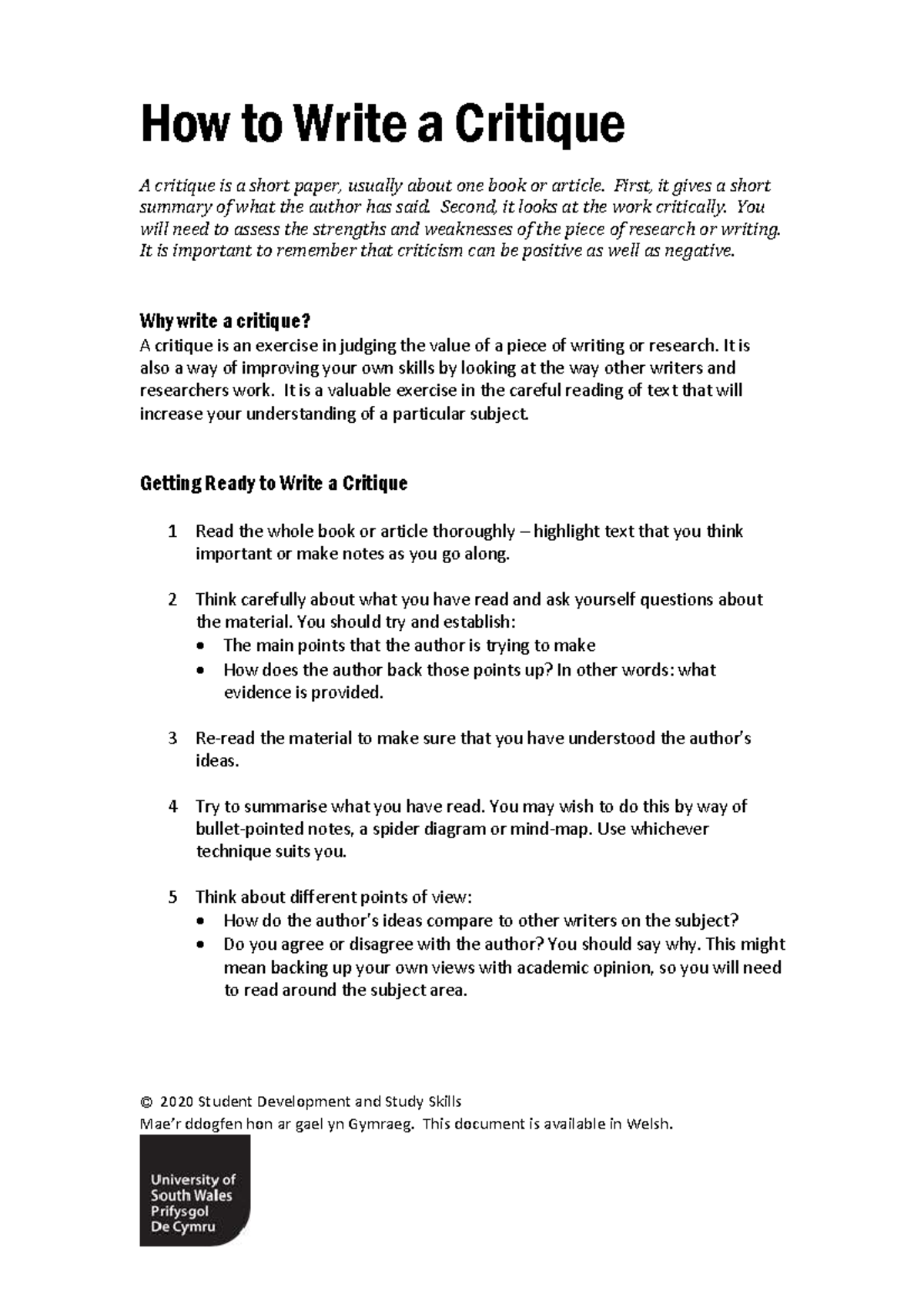 How to Write a Critique: A Guide for Students (Study Skills) - Studocu