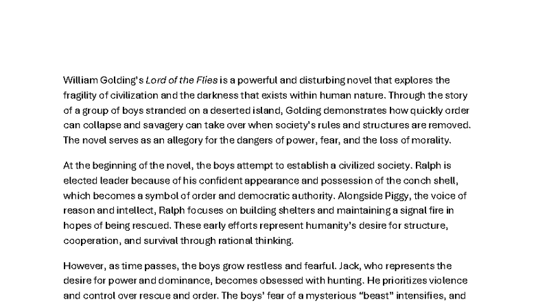 ENG 101: Essay on the Themes of Civilization in Lord of the Flies - Studocu