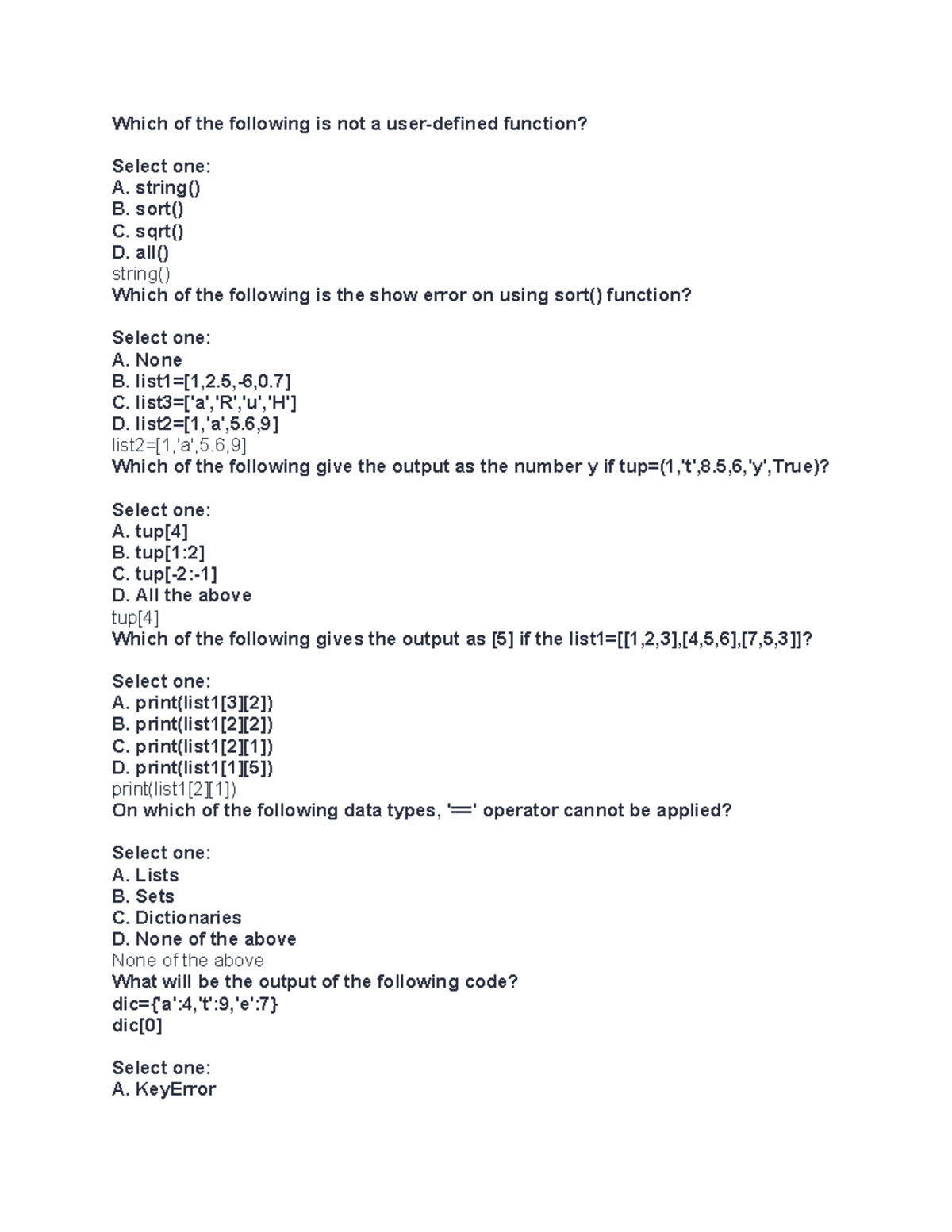 Python Functions Quiz (CS101) - Studocu