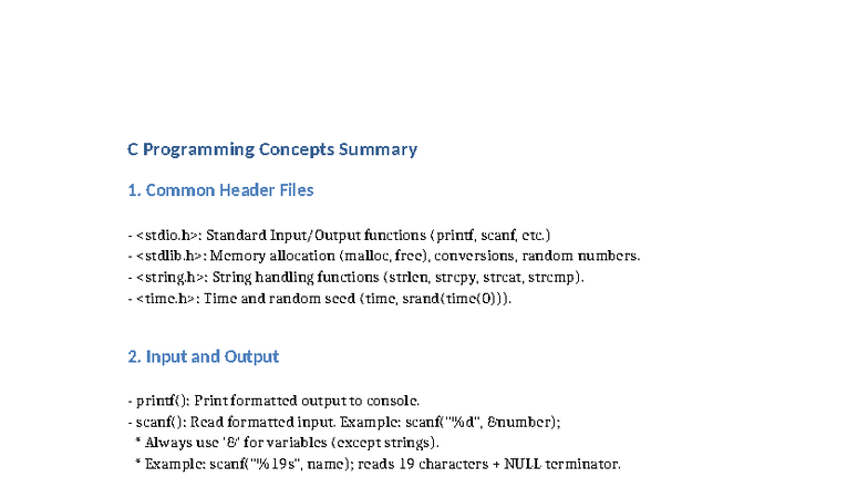 C Programming Concepts Summary: Key Functions & Structures - Studocu