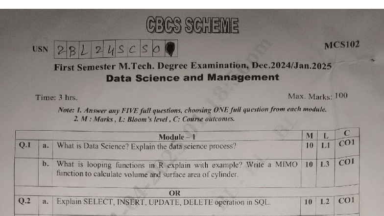 MCS102 First Semester Exam: Data Science & Management Questions - Studocu