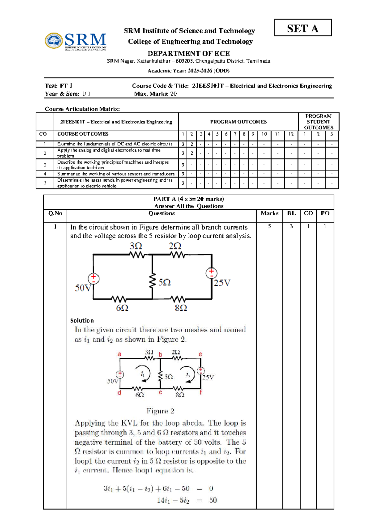 21EES101T Electrical and Electronics Engineering FT 1 Assignment Answer Key - Studocu