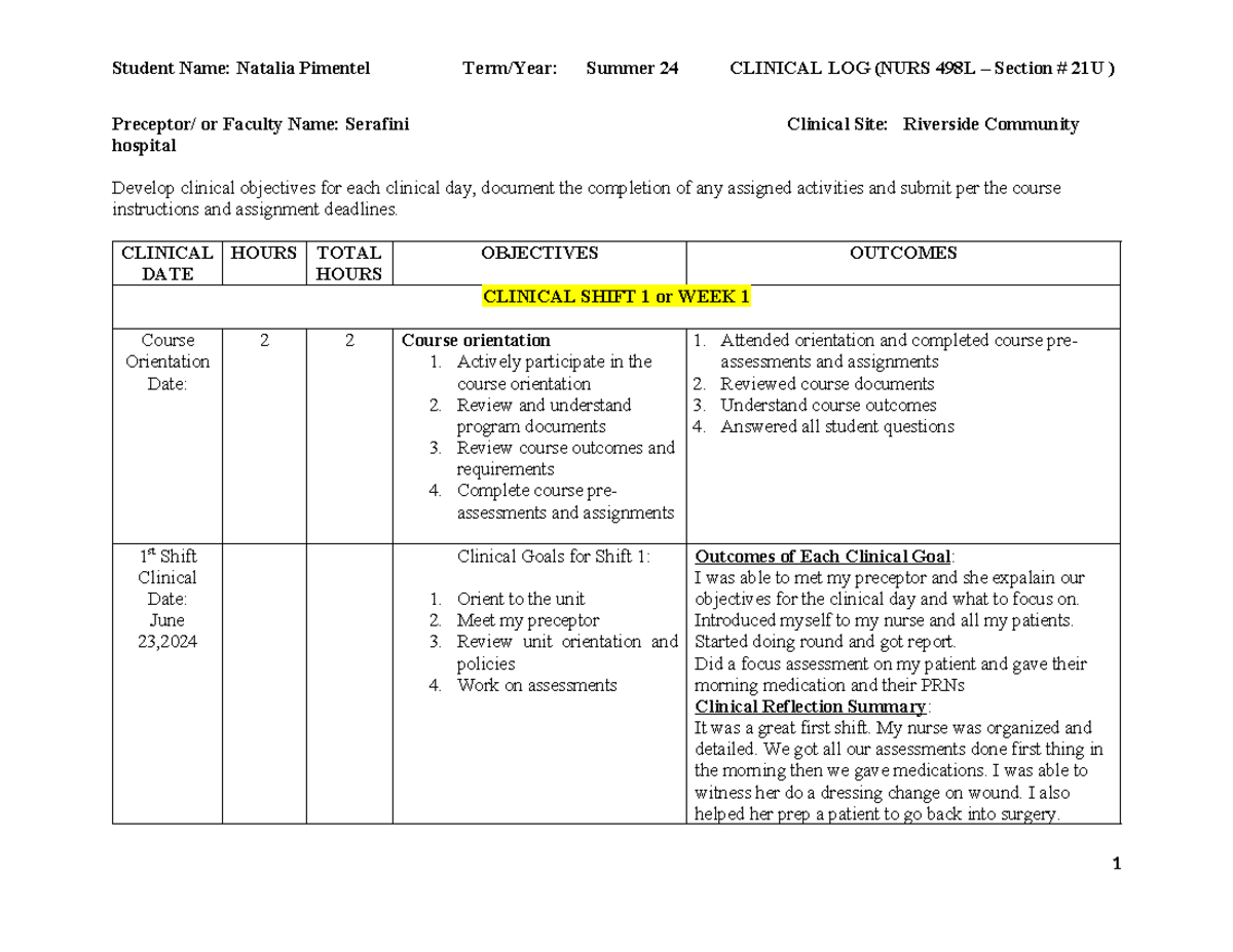 N498L Clinical Log Template for Documenting Clinical Shifts & Hours ...