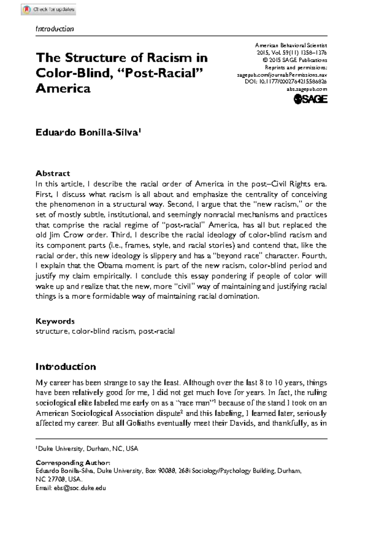 Final Exam Study on Color-Blind Racism in Post-Racial America (SOC 201 ...