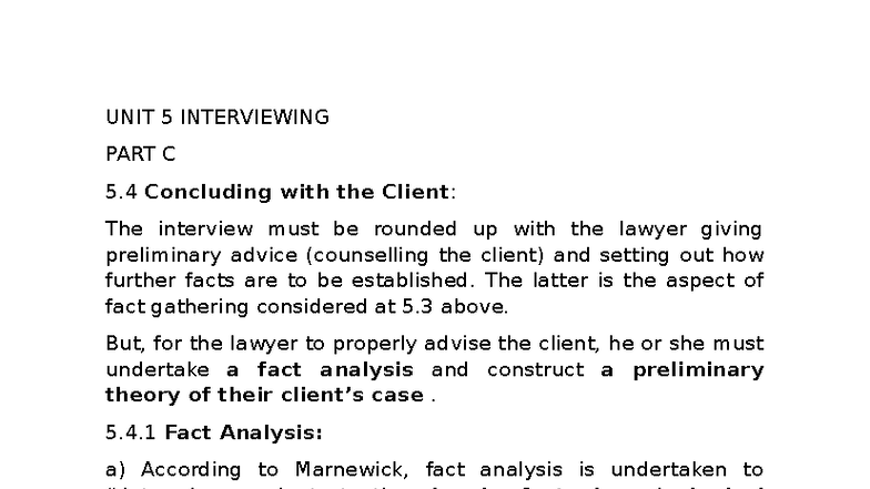 UNIT 5 Interviewing: Concluding with the Client and Fact Analysis - Studocu