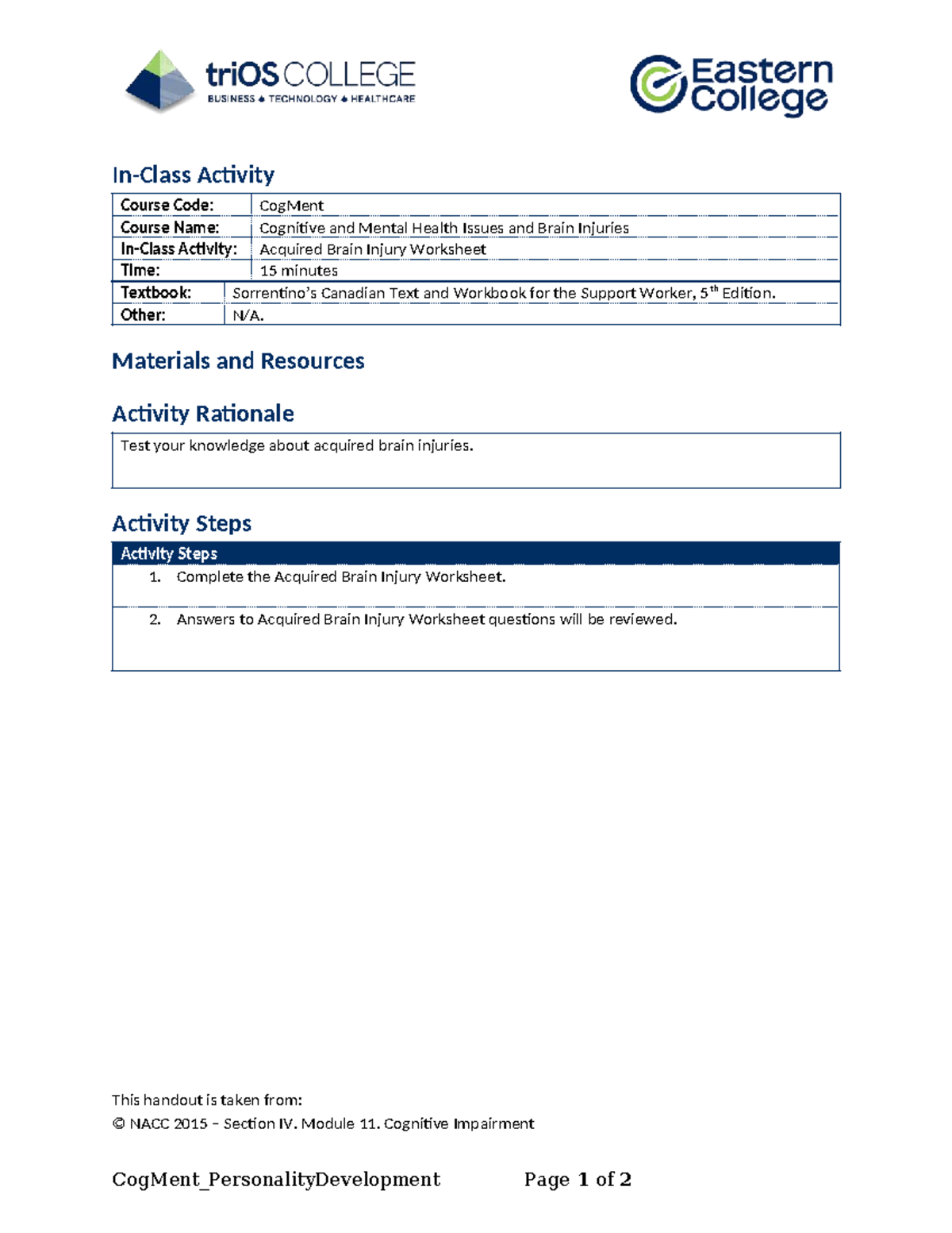 Acquired Brain Injury Worksheet - CogMent Activity - Studocu