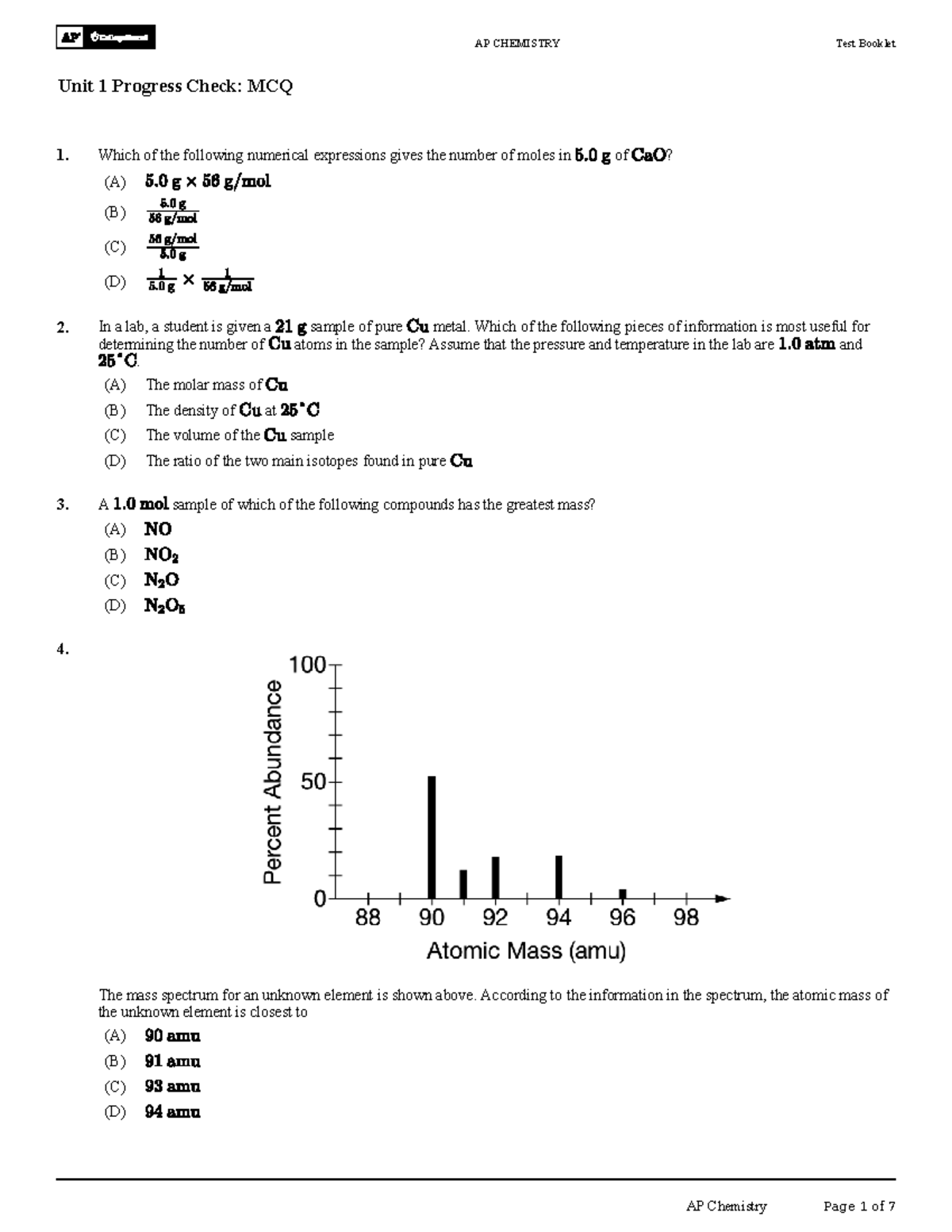 AP CHEMISTRY Unit 1 Progress Check: Multiple Choice Questions - Studocu