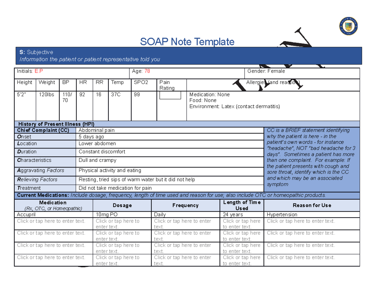 NR 509 SOAP Note Abdominal pain - SOAP Note Template Initials: E Age ...