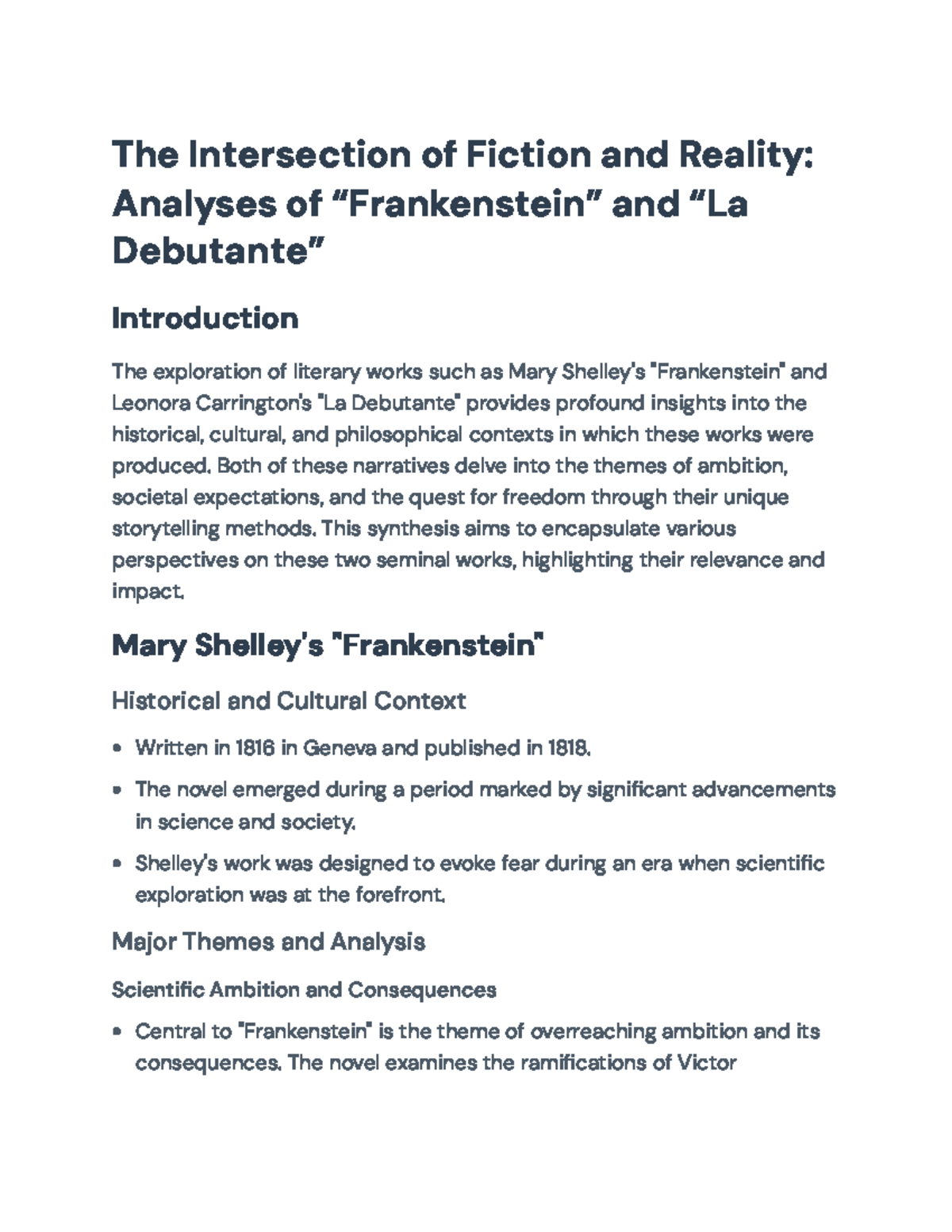 Comparative Analysis of "Frankenstein" and "La Debutante" Themes - The ...