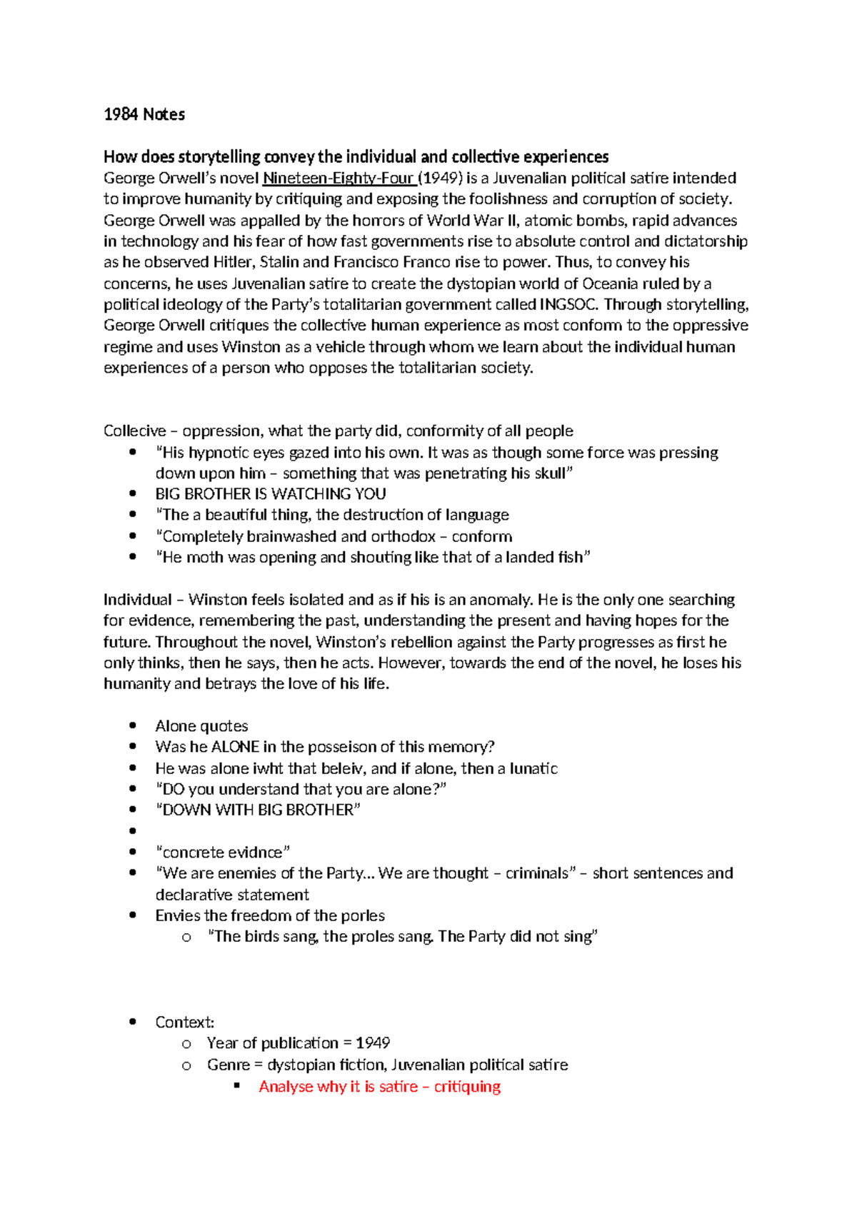 1984 notes - Summary 1984 - 1984 Notes How does storytelling convey the ...