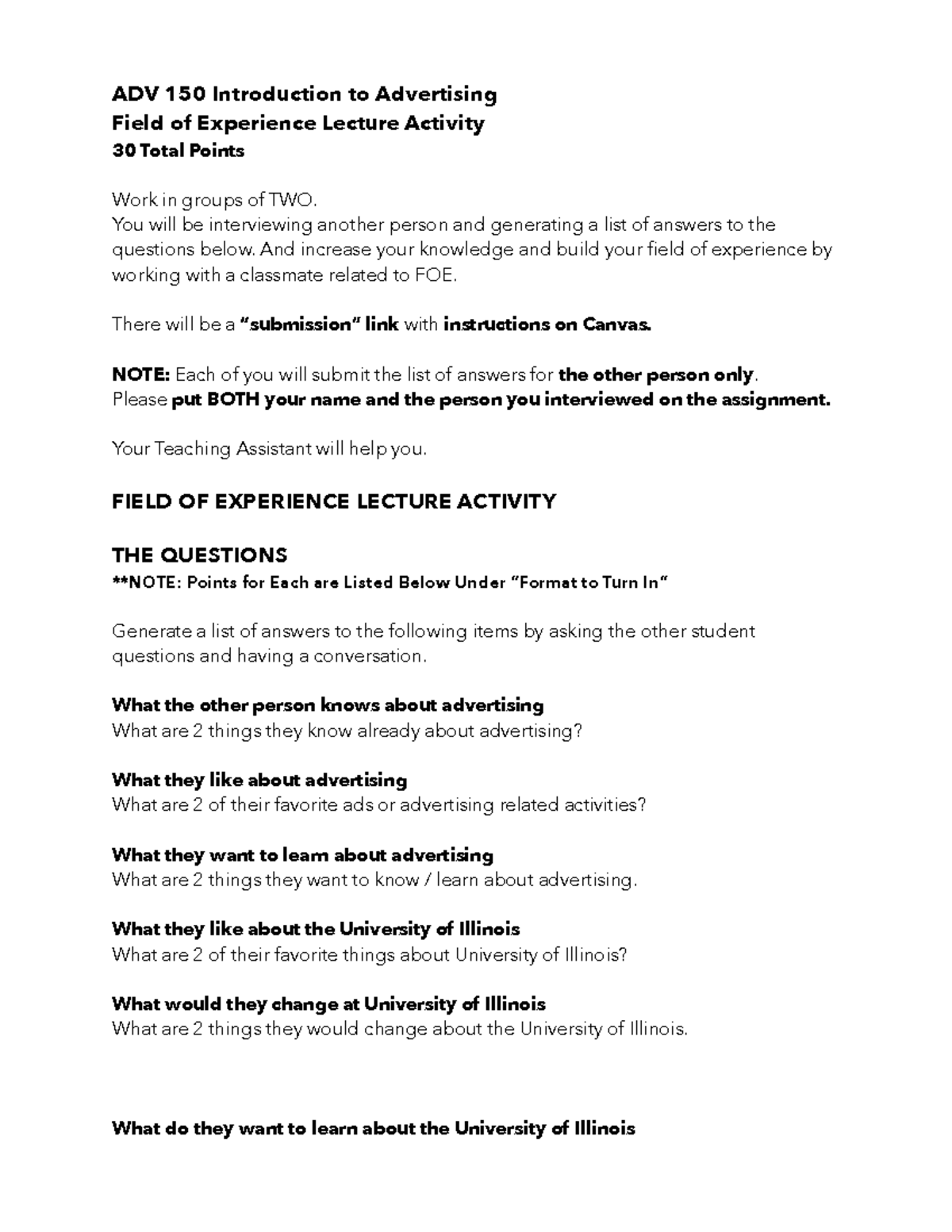 ADV 150 Field of Experience Interview Activity - Fall 2025 - Studocu