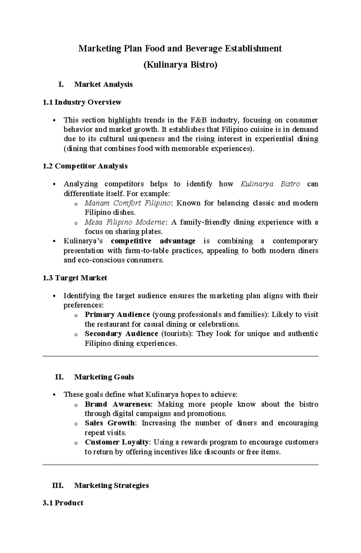 Marketing-Plan-Format - Marketing Plan Food and Beverage Establishment ...