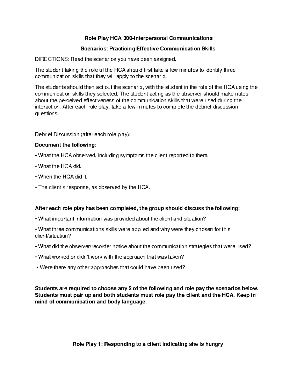 HCA 300 - Interpersonal Communication Role Play Scenarios Guide 2024 - Studocu