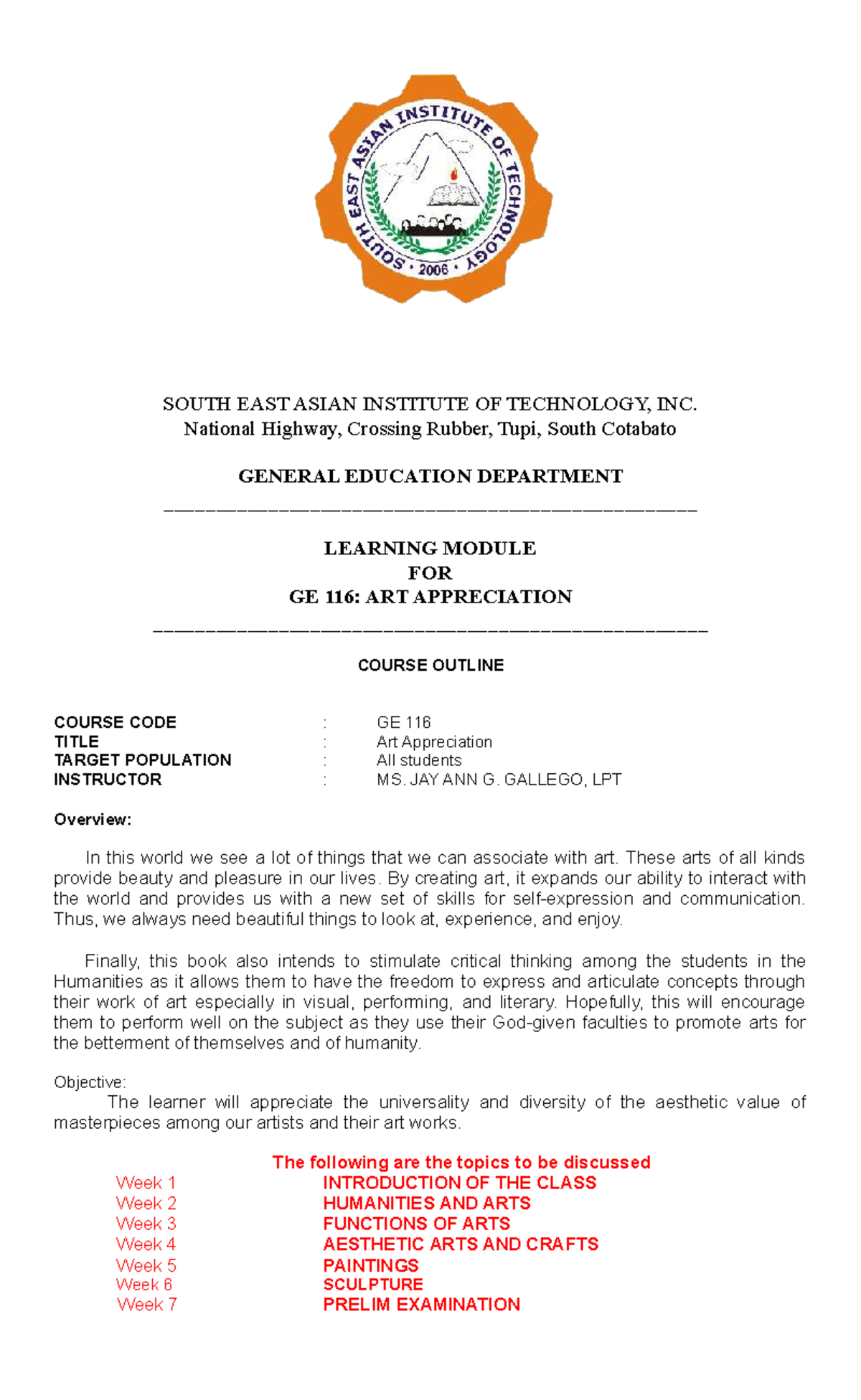GE 116 Midterm Module: Art Appreciation Course Overview - Studocu