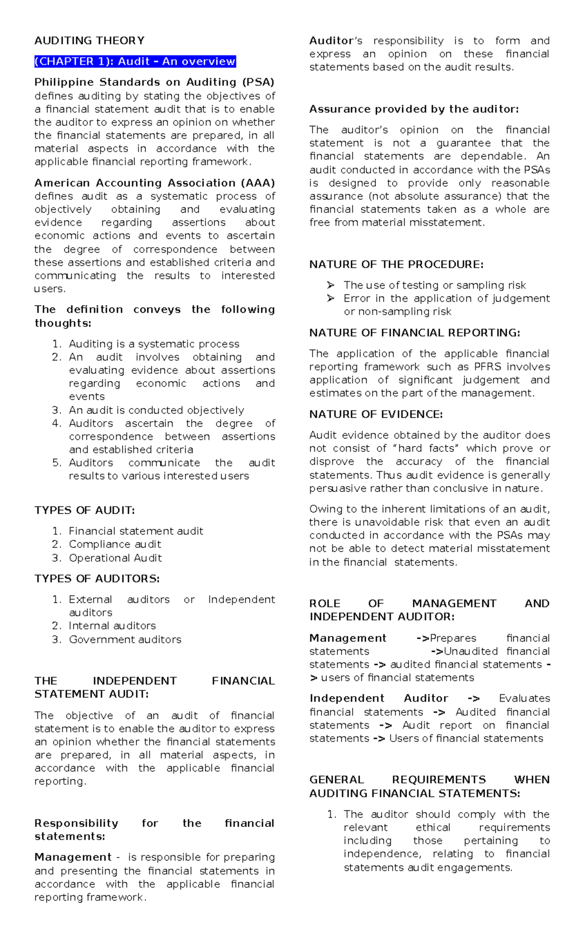 AUDITING THEORY (CHAPTER 1): Overview of Philippine Standards on Auditing - Studocu