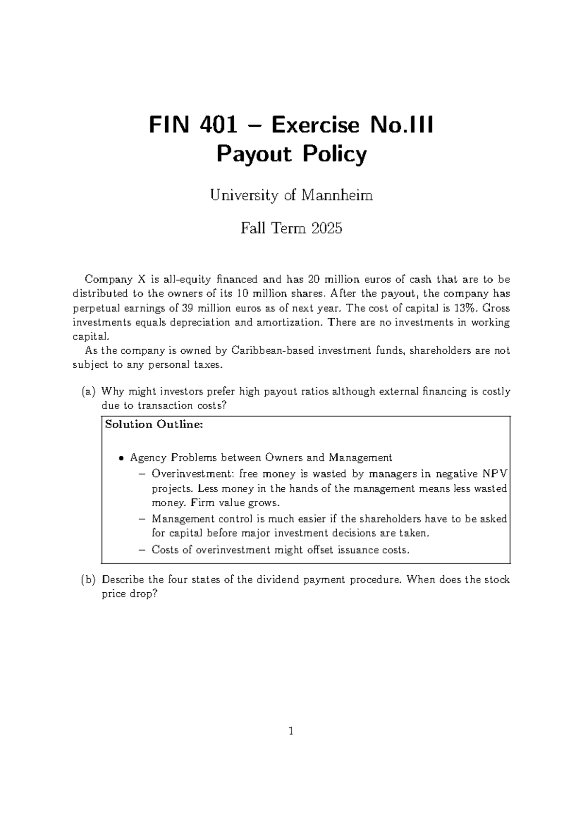 FIN 401 Exercise: Payout Policy Analysis - University of Mannheim Fall 2025 - Studocu