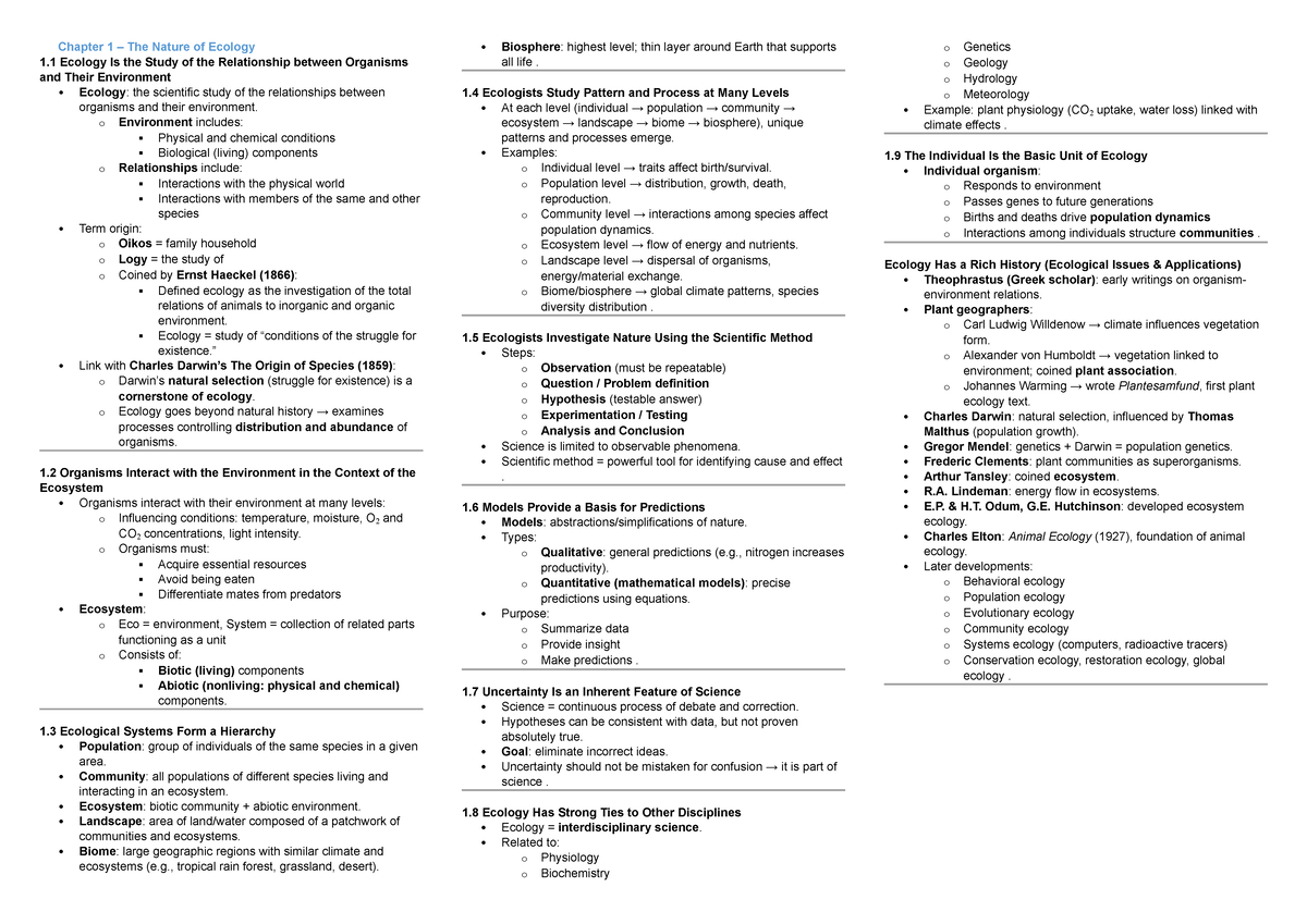 Chapter 1: The Nature of Ecology - Key Concepts and Insights - Studocu