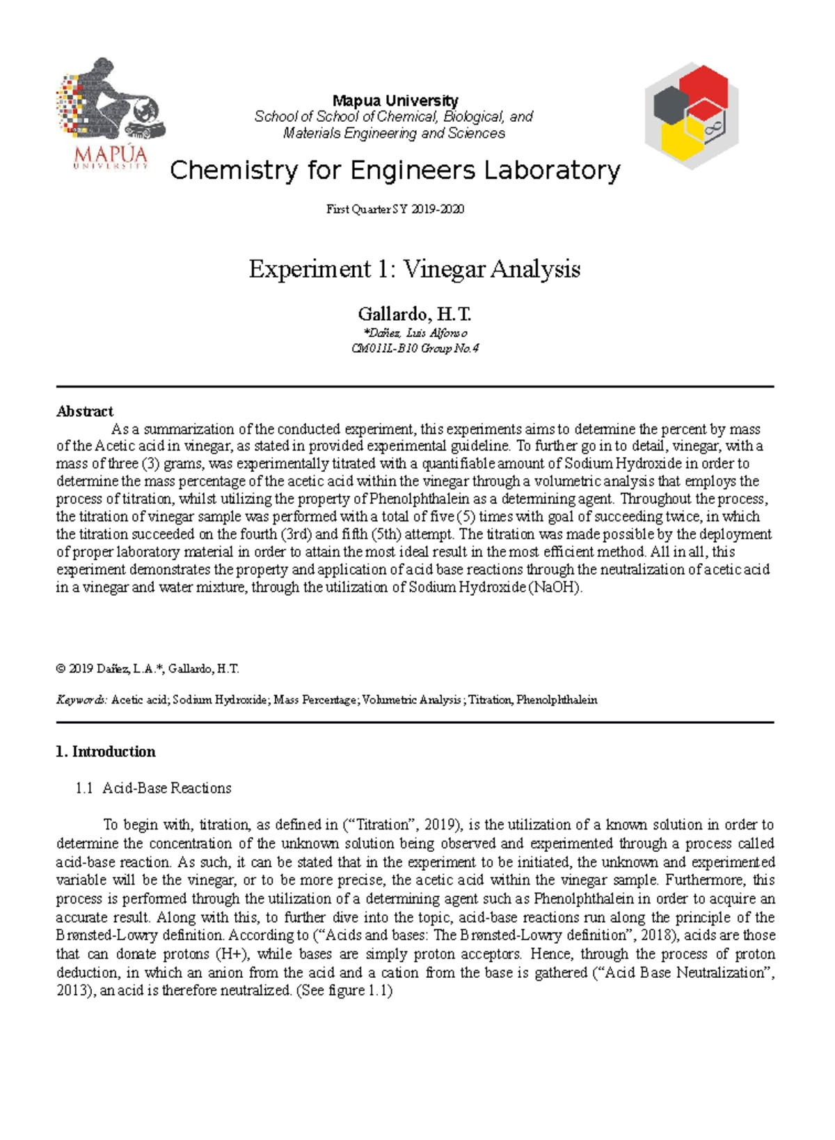 Chemistry Lab-1: Vinegar Analysis and Acetic Acid Titration (CM011L-B10 ...
