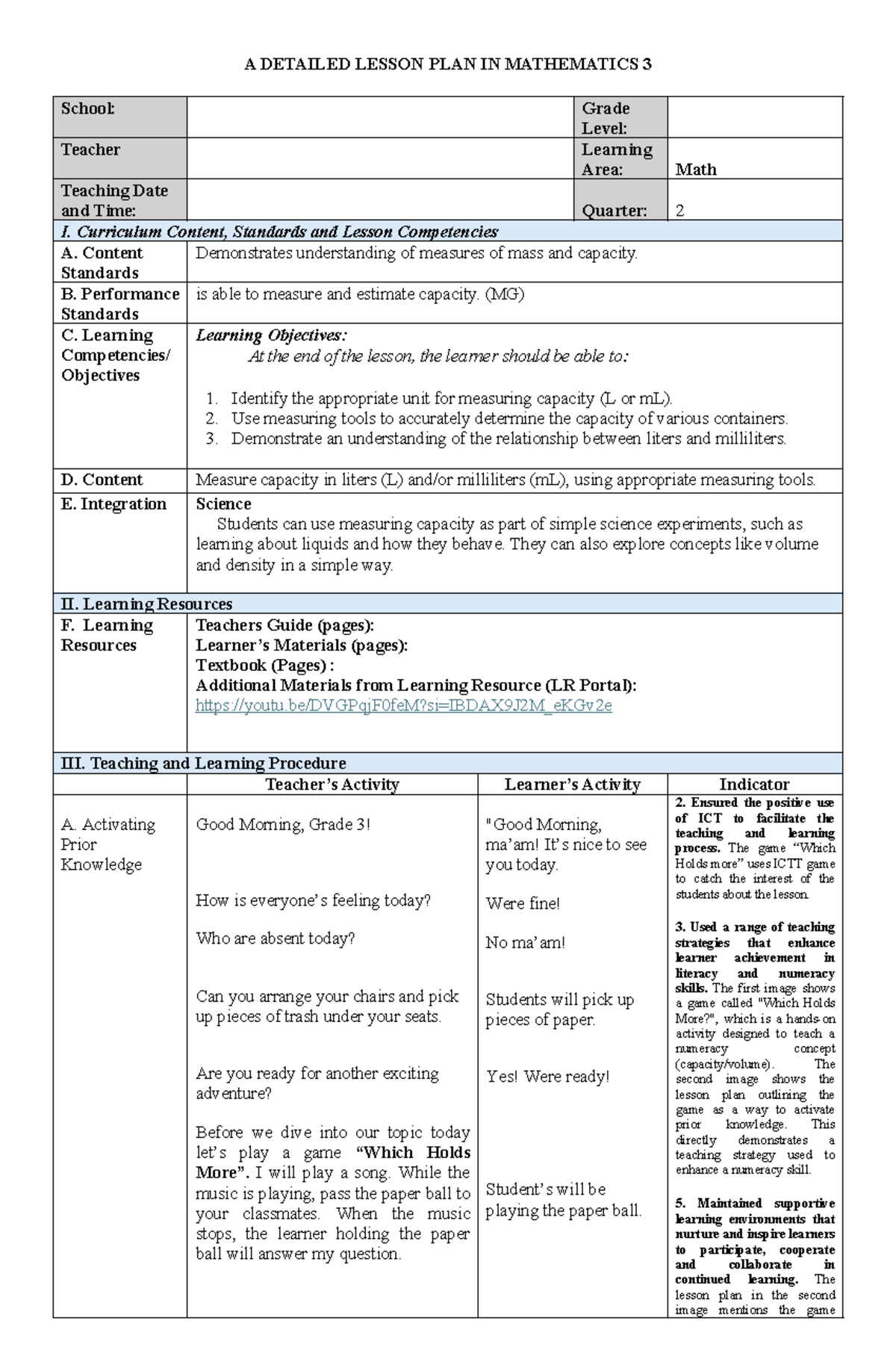 Math 3 - Detailed Lesson Plan on Capacity Measurement - Studocu