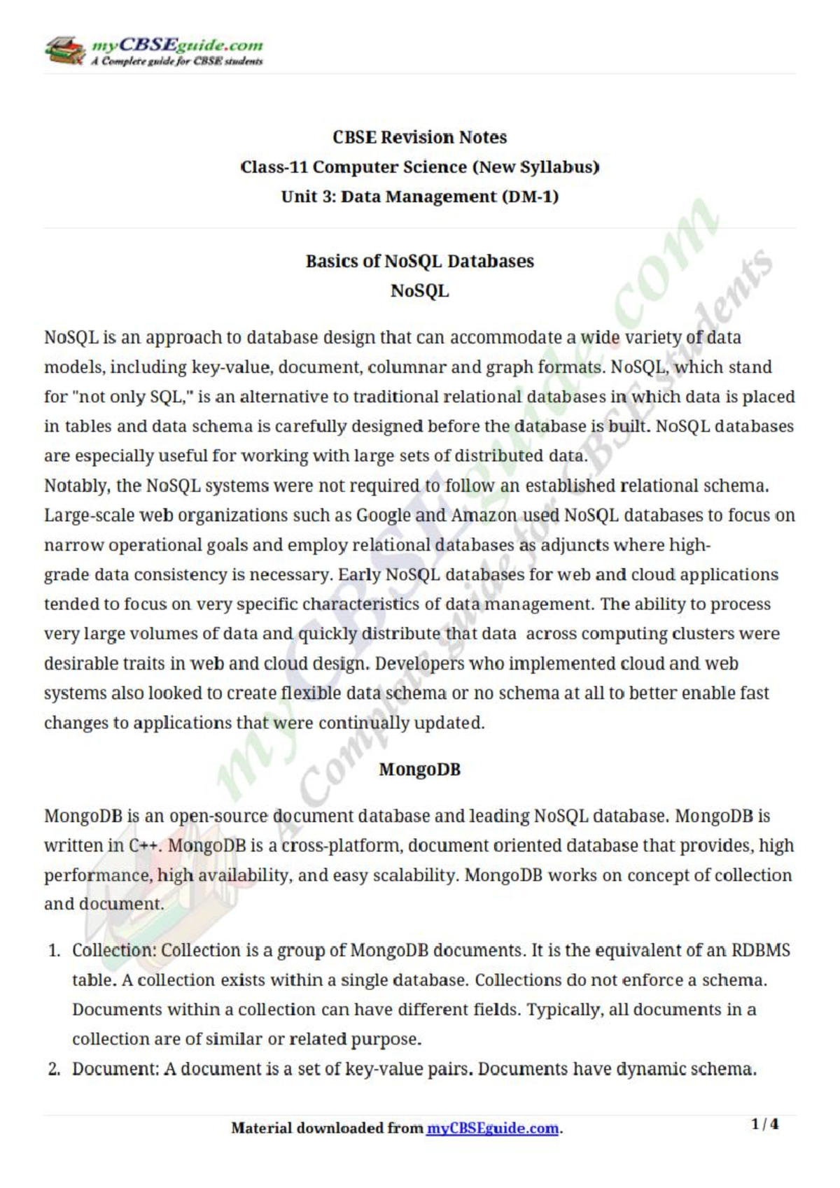 CBSE CS Unit 3: NoSQL Databases - Comprehensive Revision Notes - Studocu