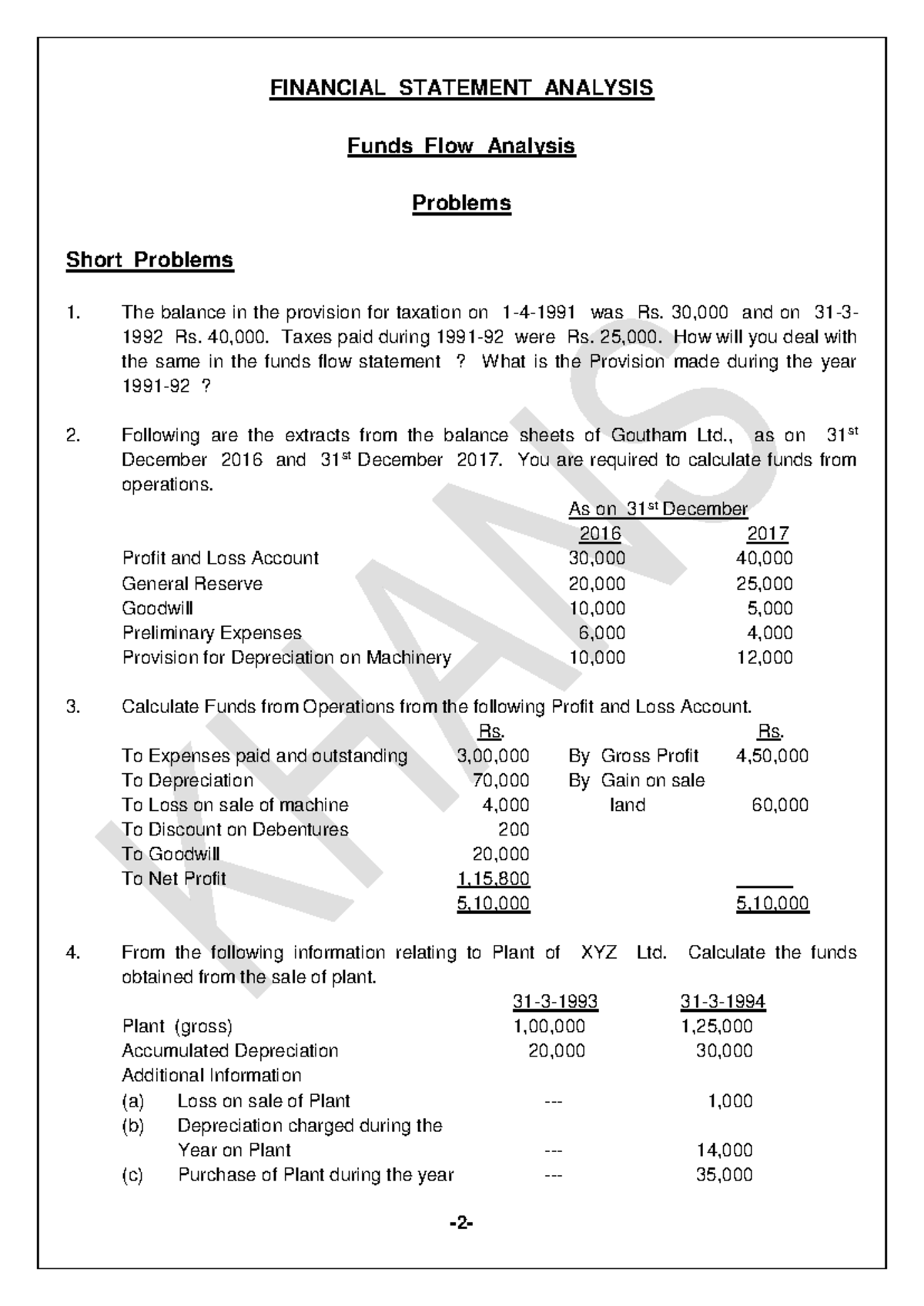 Financial Statement Analysis: Funds Flow Analysis Problems - Studocu
