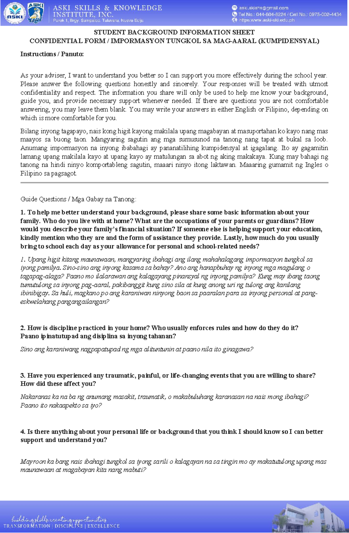 STUDENT BACKGROUND INFO SHEET: GUIDE QUESTIONS FOR NARRATIVE WRITING ...