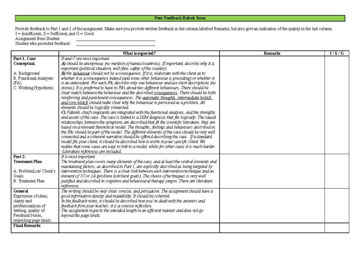 Peer Feedback Rubric for Course Assignment (2023-2024) - Studeersnel