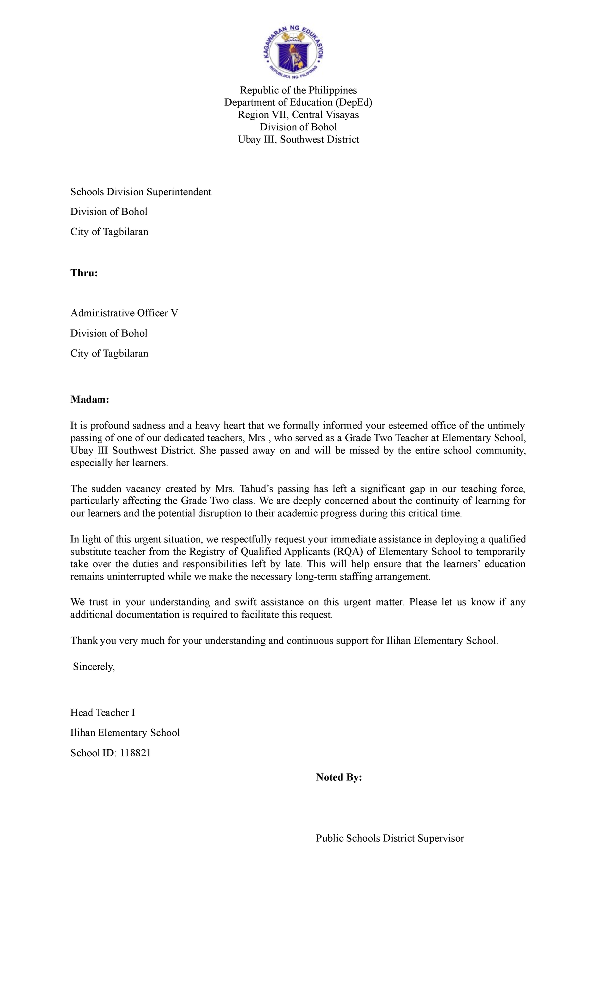 Letter Request for Substitute Teacher Deployment - Ilihan Elementary ...