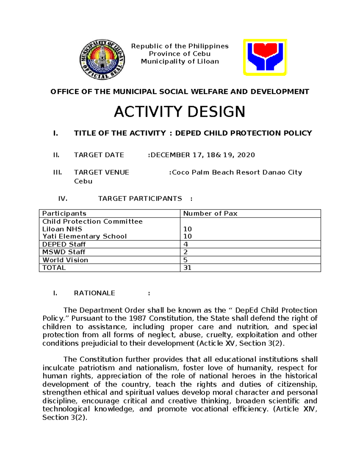 Activity Design for DepEd Child Protection Policy - Liloan, Cebu - Studocu