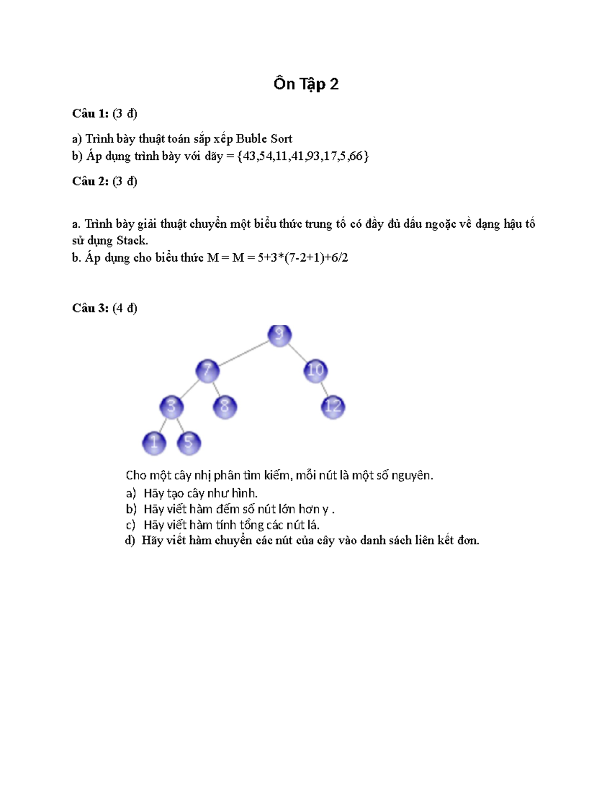 Ôn Tập 2 - Thuật Toán Sắp Xếp và Cây Nhị Phân - Studocu