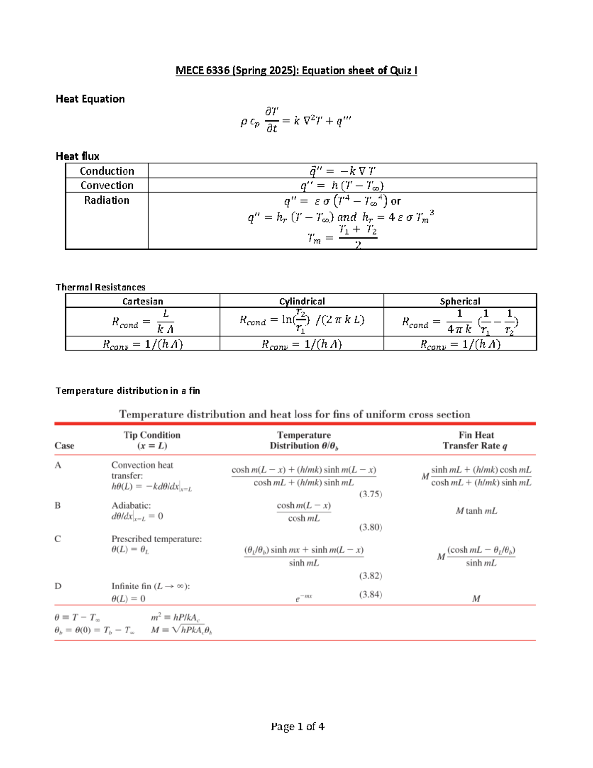 Equation Sheet Quiz 1 - MECE 6336 (Spring 2025 ): Equation sheet of ...