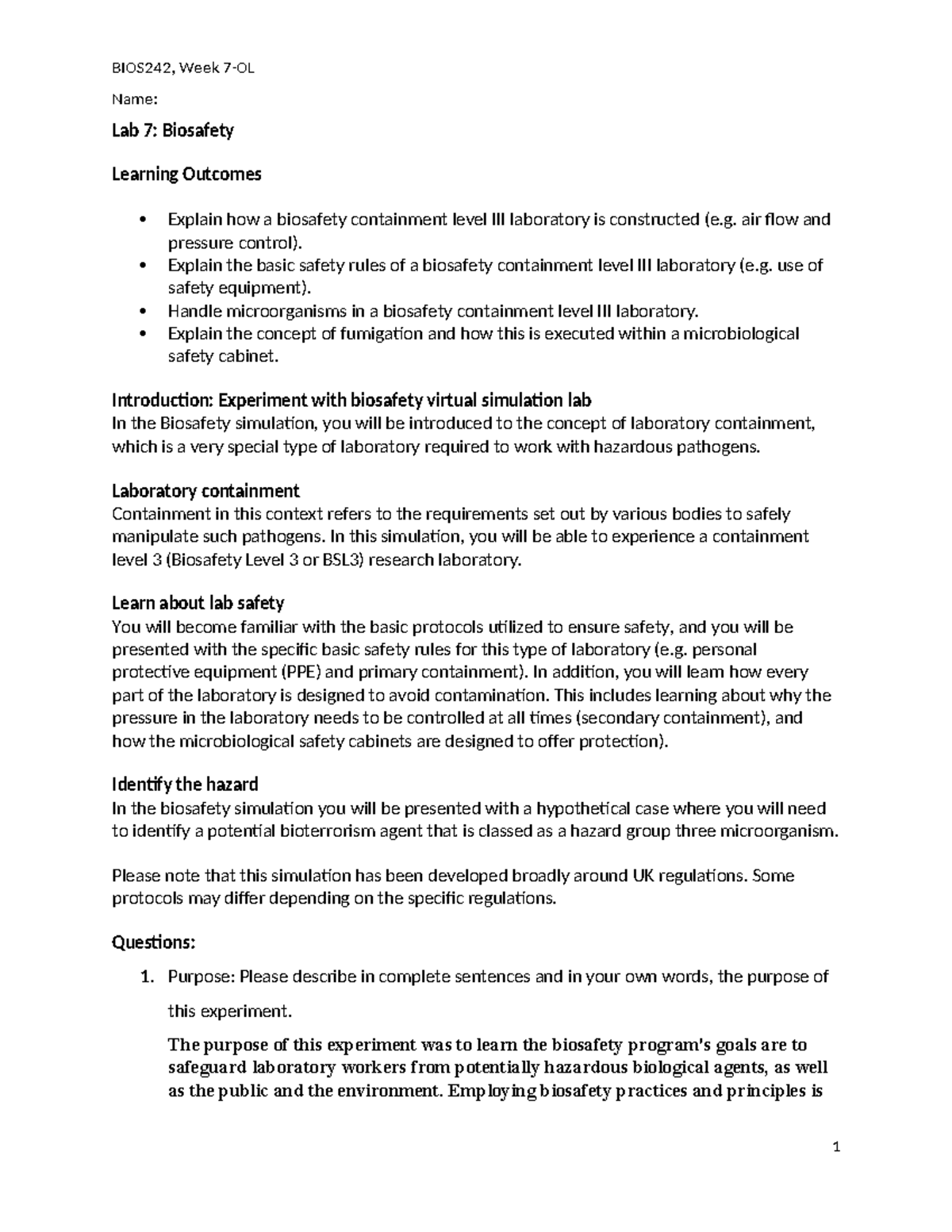Micro week 7 lab biosafety - BIOS242, Week 7-OL Name: Lab 7: Biosafety ...