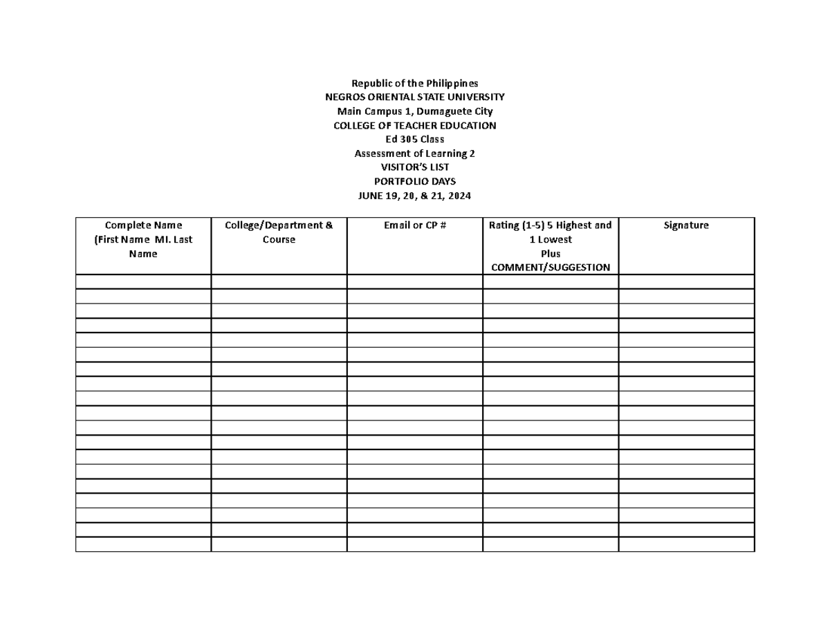 Vistor'S LIST Format - Gen ed - General Education - Republic of the ...
