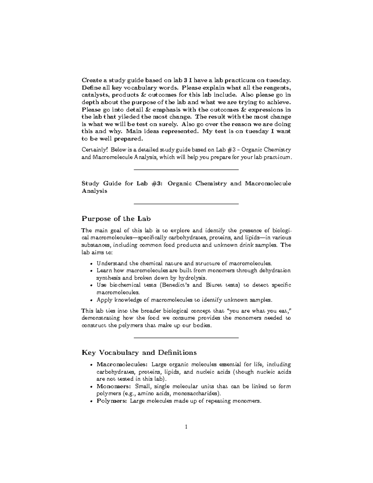 Lab 3 Study Guide: Organic Chemistry & Macromolecule Analysis for ...