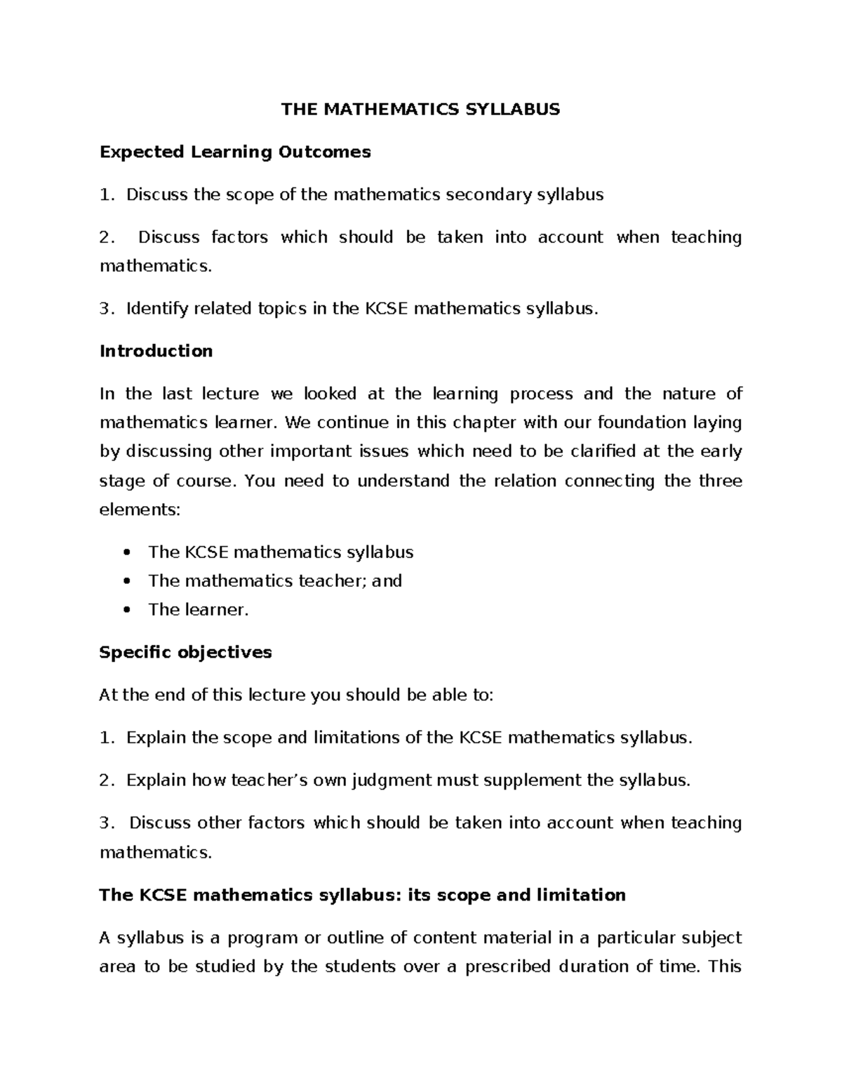 CIM 311 Lecture 9: Understanding the KCSE Mathematics Syllabus - Studocu