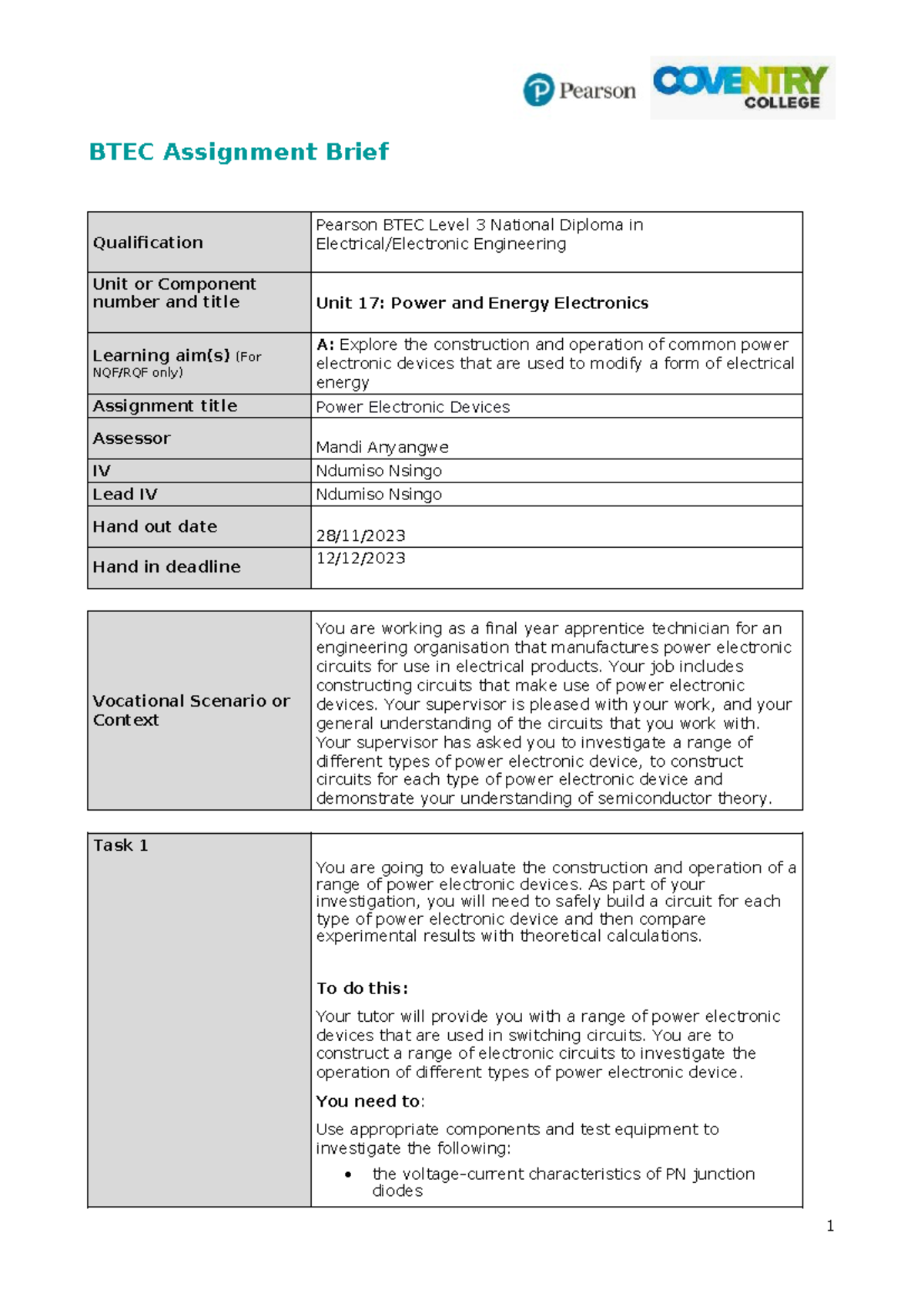 Unit 17: Power Electronic Devices Assignment - Evaluation and ...