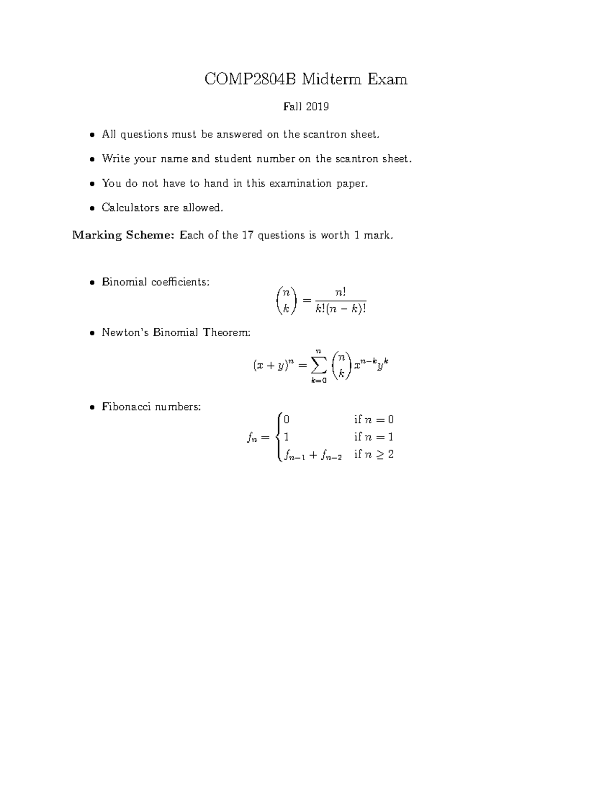 Midterm-b - comp 2804 - COMP2804B Midterm Exam Fall 2019 All questions ...