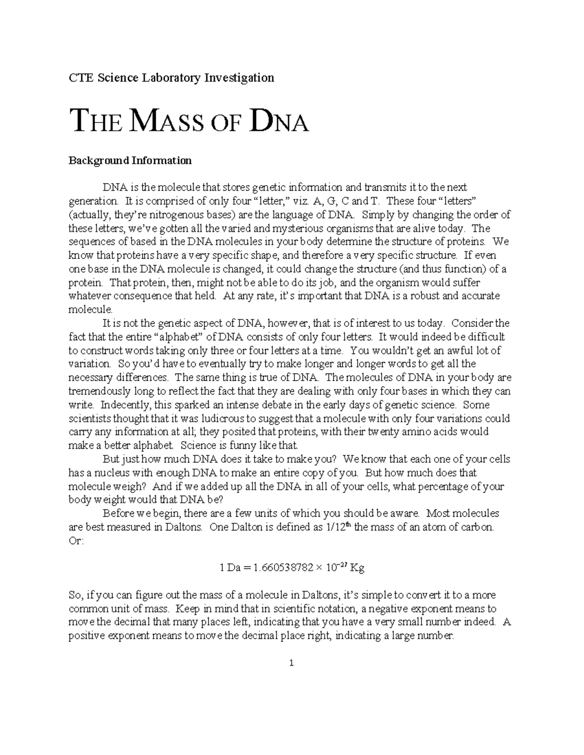 CTE Science Lab: Investigating the Mass of DNA in Humans - Studocu