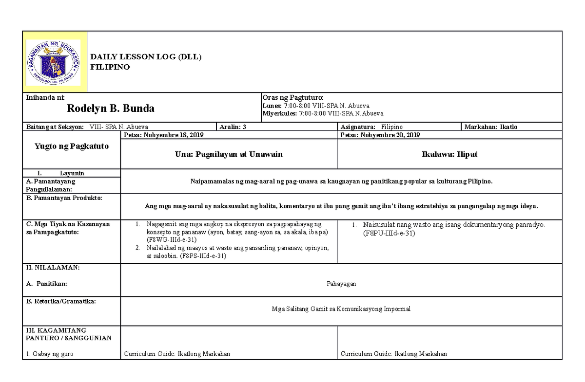 438041837 Dll Komentaryong Panradyo - DAILY LESSON LOG (DLL) FILIPINO Inihanda ni: Rodelyn B ...